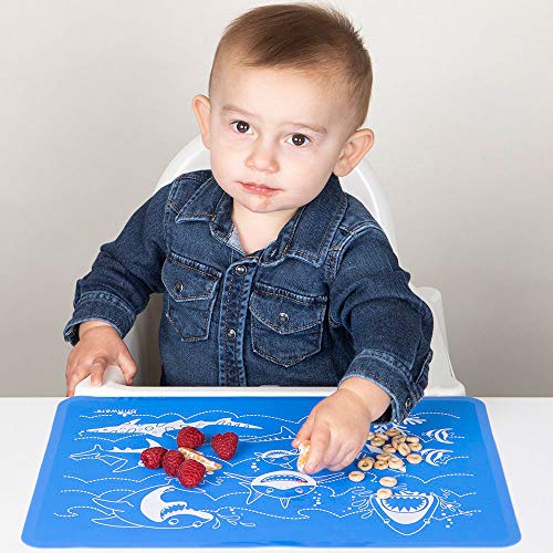 Brinware Reusable Slip Resistant Toddler Silicone Placemat for Kids - Dinosaur & Shark Green/Blue (2 Pack)