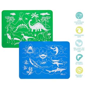 Brinware Reusable Slip Resistant Toddler Silicone Placemat for Kids - Dinosaur & Shark Green/Blue (2 Pack)