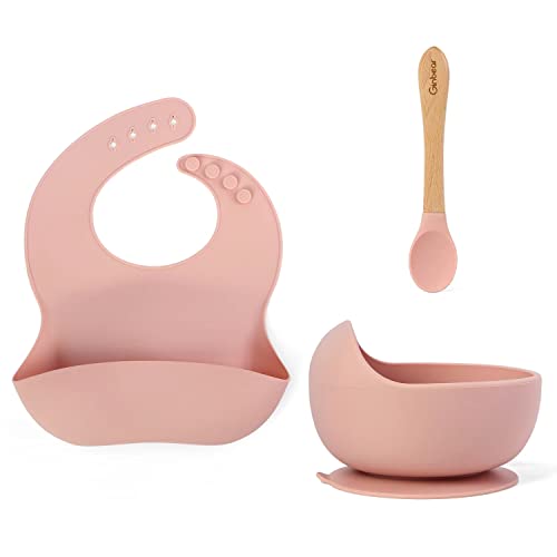 Ginbear Baby Bowls with Suction First Stage, Baby Girl Silicone Bibs, Baby Feeding Spoons, Baby Led Weaning Supplies for Ages 6 Months+ (Baby Pink)