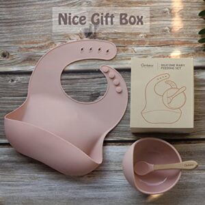 Ginbear Baby Bowls with Suction First Stage, Baby Girl Silicone Bibs, Baby Feeding Spoons, Baby Led Weaning Supplies for Ages 6 Months+ (Baby Pink)