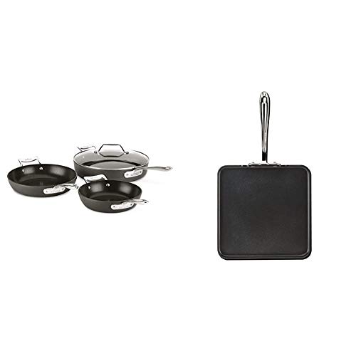 All-Clad Essentials Hard Anodized Nonstick 4 Piece Sauce Pan Set 8, 10.25 Inch, 4 Quart Pots and Pans, Cookware Black & HA1 Hard Anodized Nonstick Griddle 11 x 11 Inch Pots and Pans, Cookware Black