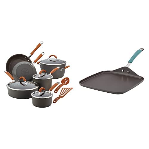 Rachael Ray Cucina Hard Anodized Nonstick Cookware Pots and Pans Set, 12 Piece, Gray with Blue Handles & Cucina Hard Anodized Nonstick Griddle Pan/Flat Grill, 11 Inch, Gray with Agave Blue Handle