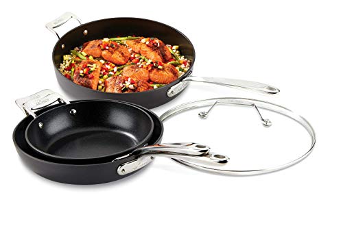 All-Clad Essentials Hard Anodized Nonstick 4 Piece Sauce Pan Set 8, 10.25 Inch, 4 Quart Pots and Pans, Cookware Black & HA1 Hard Anodized Nonstick Griddle 11 x 11 Inch Pots and Pans, Cookware Black