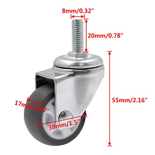 Luomorgo 8 Pcs 1.5" Caster Wheels Swivel Stem Casters for Small Tiny Shopping Cart Trolley Wheel, No Noise TPE M8 x 20mm Threaded Stem Caster, 352lb/160kg Load Capacity