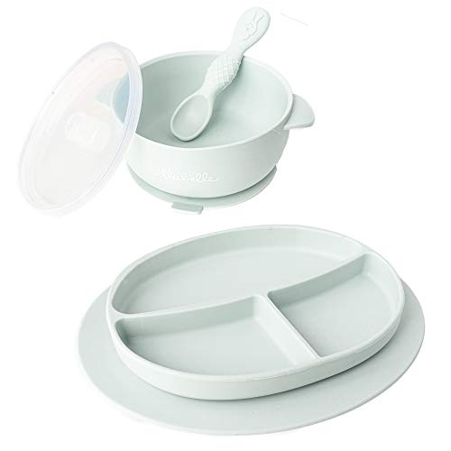 Ullabelle Suction Toddler Plates & Bowls Complete Set w/Spoon- BPA Free 100% Food Grade Silicone- Microwave & Dishwasher Safe Baby Suction Plate, Suction Bowl w/Lid, & Spoon- (Sage)