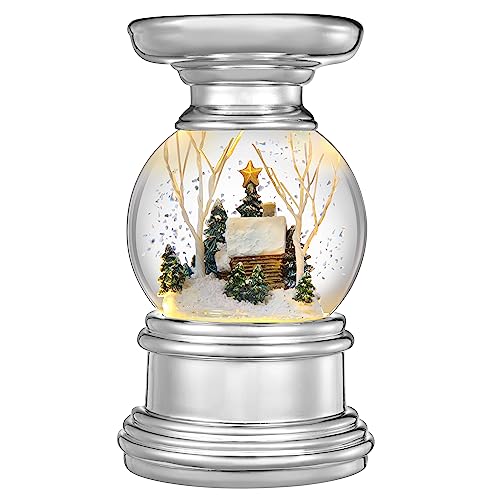 Haute Decor Snowburst 7 Inch Tall Log Cabin Christmas Snow Globe with Candle Holder and Built-in Timer, Warm White LED’s and Pulsing Snow Swirls for Pillar Candles