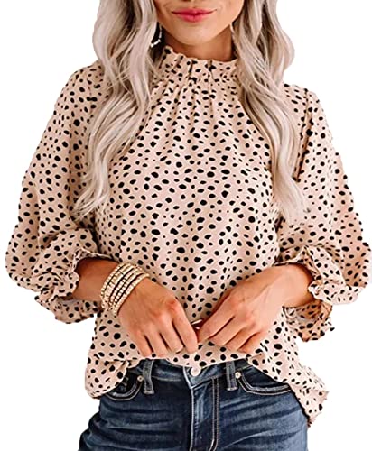 Avanova Women's Leopard Printed Ruffle Hem 3/4 Sleeve Mock Neck Elegant Work Blouses Top Beige Small