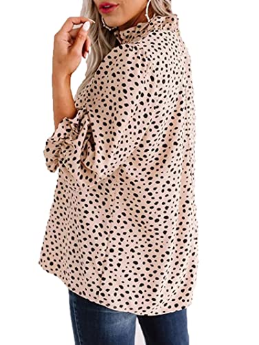 Avanova Women's Leopard Printed Ruffle Hem 3/4 Sleeve Mock Neck Elegant Work Blouses Top Beige Small