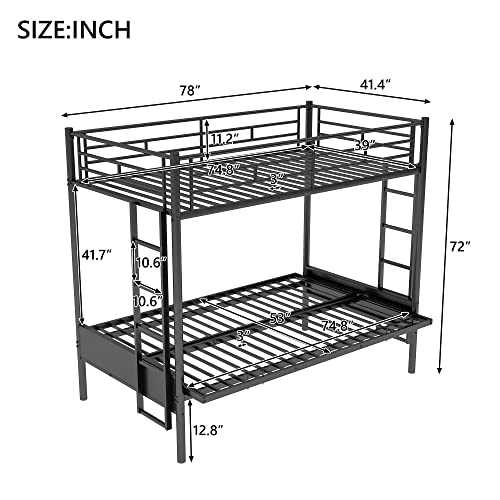 LZ LEISURE ZONE Metal Bunk Bed, Twin-Over-Futon Convertible Couch and Bed, Twin Over Full Bunk Bed with Ladder, No Box Spring Needed, Black