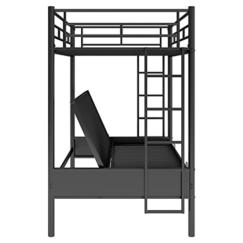 LZ LEISURE ZONE Metal Bunk Bed, Twin-Over-Futon Convertible Couch and Bed, Twin Over Full Bunk Bed with Ladder, No Box Spring Needed, Black