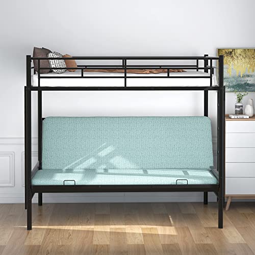 LZ LEISURE ZONE Metal Bunk Bed, Twin-Over-Futon Convertible Couch and Bed, Twin Over Full Bunk Bed with Ladder, No Box Spring Needed, Black