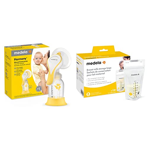 Medela New Harmony Manual Breast Pump with Flex Breast Shield and 100 Count Breast Milk Storage Bags, Compact Single Hand Breastpump, Ready to Use Breastmilk Bags for Breastfeeding