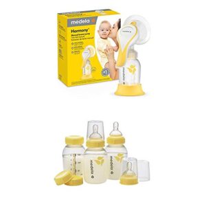 medela harmony manual breast pump with flex breast shield and extra breast milk storage bottles, portable single hand breastpump, 3 pack of 5 ounce breastfeeding bottles, nipples, lids, collars, caps