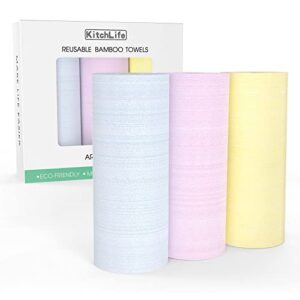 kitchlife reusable bamboo paper towels - 3 rolls = 12 months supply, washable and recycled paper rolls, zero waste sustainable gifts, environmentally friendly, tricolor