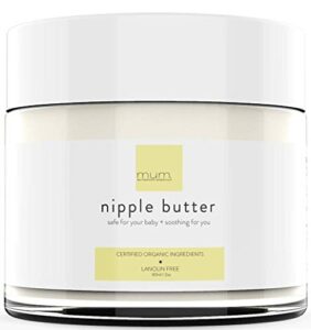 mum. motherhood essentials® organic nipple butter (2 oz), lanolin free, doctor recommended, usda organic + non gmo , safe nipple cream for breastfeeding, pump lubricant, breastfeeding essential