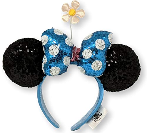 Disney Parks Exclusive - Minnie Mickey Ears Headband - Black Ears Blue Bow White Polka Dots and Yellow Daisy Sequined