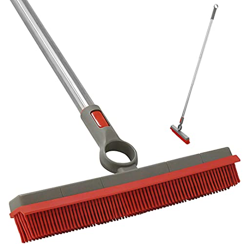 FAYINA Premium Rubber Floor Brush with 11.5-Inch Squeegee & Stainless Steel Handle - for Carpets & All Surfaces - Pet Hair Fur Remover Broom - Extendable up to 56 Inches