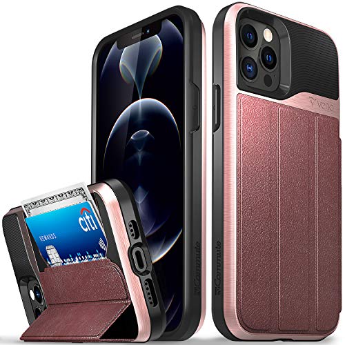 VENA vCommute Wallet Case Compatible with Apple iPhone 12 / iPhone 12 Pro (6.1"-inch), (Military Grade Drop Protection) Flip Leather Cover Card Slot Holder with Kickstand - Rose Gold