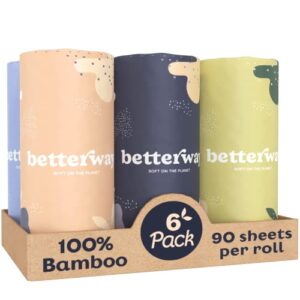 betterway bamboo paper towels - 6 rolls, 2 ply - plastic free, disposable kitchen paper towels - select size, tree free, compostable, strong & absorbent - sustainable product w/eco friendly packaging