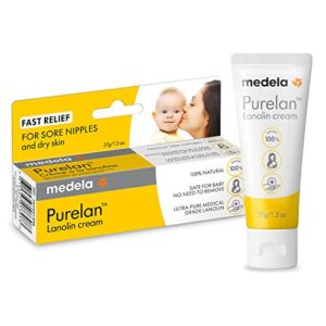 medela purelan lanolin nipple cream for breastfeeding, 100% all natural single ingredient, hypoallergenic, soothing protection, safe for nursing mom and baby, 1.3 ounce tube