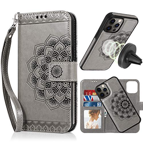 CASEOWL Wallet Case Compatible for iPhone 12 Pro Max,Magnetic Detachable Case Fit Magnetic Car Mount,Card Solts Holder, Embossed Mandala Pattern Flower Floral Leather Flip Wallet Case[Gray]