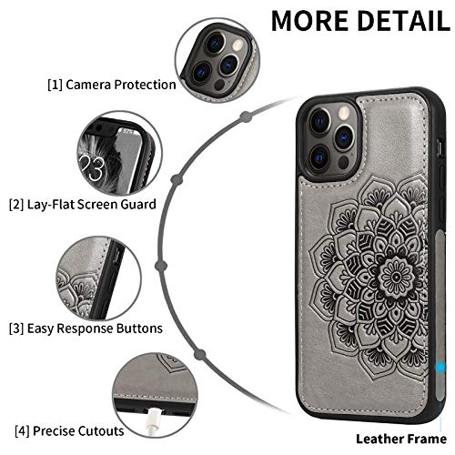 CASEOWL Wallet Case Compatible for iPhone 12 Pro Max,Magnetic Detachable Case Fit Magnetic Car Mount,Card Solts Holder, Embossed Mandala Pattern Flower Floral Leather Flip Wallet Case[Gray]