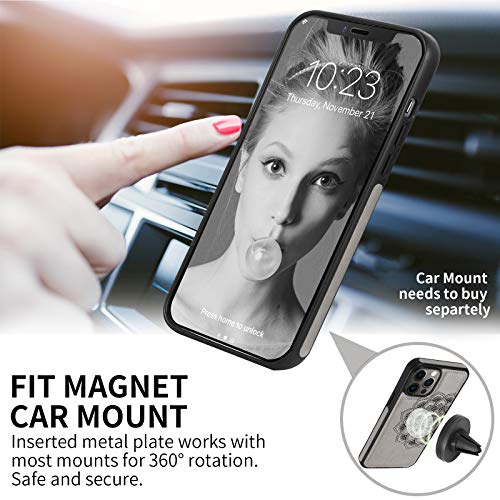 CASEOWL Wallet Case Compatible for iPhone 12 Pro Max,Magnetic Detachable Case Fit Magnetic Car Mount,Card Solts Holder, Embossed Mandala Pattern Flower Floral Leather Flip Wallet Case[Gray]