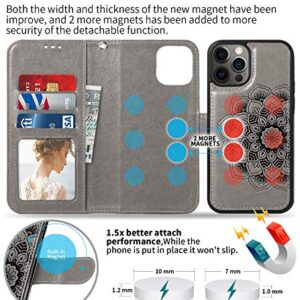 CASEOWL Wallet Case Compatible for iPhone 12 Pro Max,Magnetic Detachable Case Fit Magnetic Car Mount,Card Solts Holder, Embossed Mandala Pattern Flower Floral Leather Flip Wallet Case[Gray]