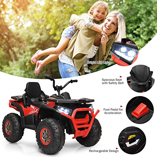 Costzon Kids ATV, 12V Battery Powered Electric Vehicle w/Safety Belt, LED Light, Music, Horn, 2 Speeds, USB/ MP3/TF, Treaded Tires, Ride on Car 4 Wheeler Quad for Boy & Girl Gift, Ride on ATV (Red)