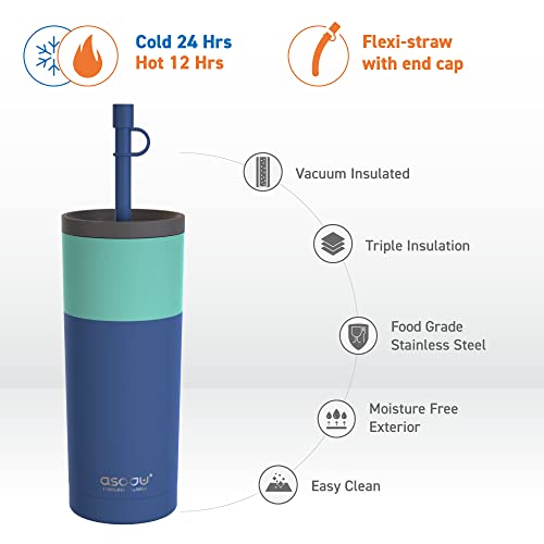 asobu Sippy Double Wall Stainless Steel Tumbler with Silicone Flexible Straw, 20 Ounces (Pastel Blue)