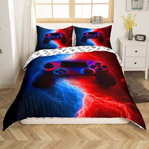 gamer gaming bedding sets twin size,lightnings gamepad duvet cover, video games comforter cover for kid teens boys man, modern bedroom decor 2 pcs bedding set,red blue