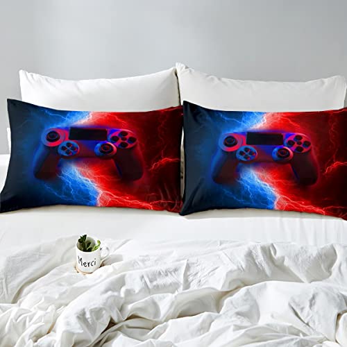 Gamer Gaming Bedding Sets Twin Size,Lightnings Gamepad Duvet Cover, Video Games Comforter Cover for Kid Teens Boys Man, Modern Bedroom Decor 2 Pcs Bedding Set,Red Blue