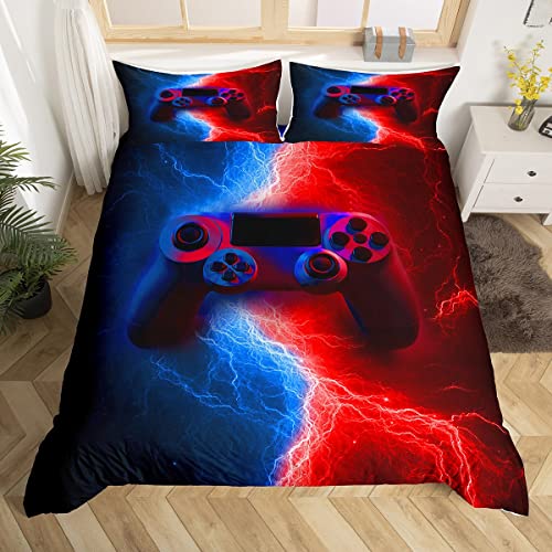 Gamer Gaming Bedding Sets Twin Size,Lightnings Gamepad Duvet Cover, Video Games Comforter Cover for Kid Teens Boys Man, Modern Bedroom Decor 2 Pcs Bedding Set,Red Blue