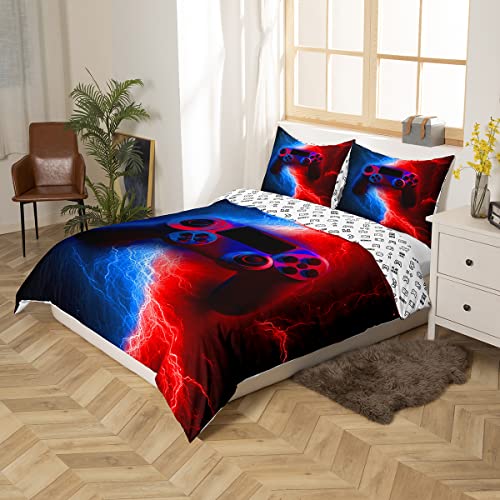 Gamer Gaming Bedding Sets Twin Size,Lightnings Gamepad Duvet Cover, Video Games Comforter Cover for Kid Teens Boys Man, Modern Bedroom Decor 2 Pcs Bedding Set,Red Blue