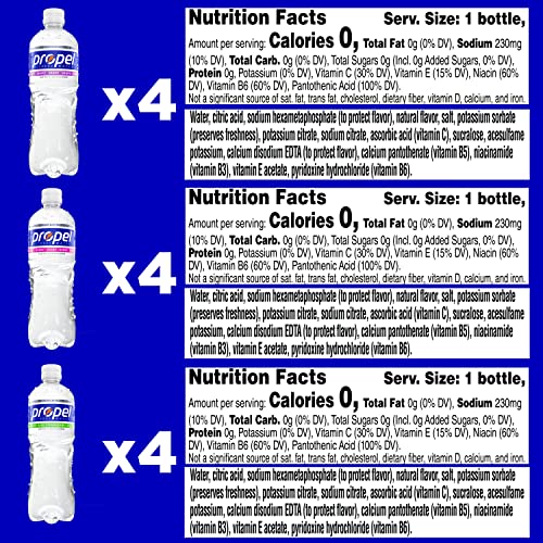 Propel, 3 Flavor Variety Pack, Zero Calorie Sports Drinking Water with Electrolytes and Vitamins C&E, 16.9 Fl Oz (12 Count)