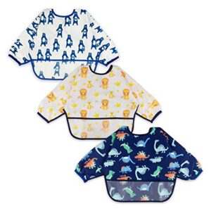 3 pcs long sleeved bib set | baby waterproof bibs with pocket bundle | toddler bib with sleeves and crumb catcher | stain and odor resistance play smock apron - pack of 3 | 6-24 months