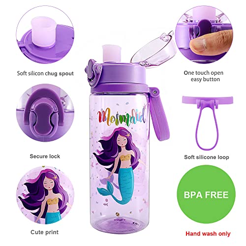 Home Tune Cute Water Bottle for School Kids Girls, Soft Silicone Chug Lid & BPA FREE & Leak Proof One Click Open Flip Top & Easy Clean & Soft Carry Loop, 24oz / 700ml - Mermaid