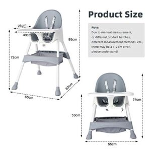 KESAIH High Chair, Height Adjustable High Chairs for Babies and Toddler with Easy-Clean Pu Cushion, Removable Tray, Adjustable Feet, 5 Point Safety Harness, Modern Toddler High Chair （Grey）1