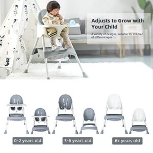 KESAIH High Chair, Height Adjustable High Chairs for Babies and Toddler with Easy-Clean Pu Cushion, Removable Tray, Adjustable Feet, 5 Point Safety Harness, Modern Toddler High Chair （Grey）1