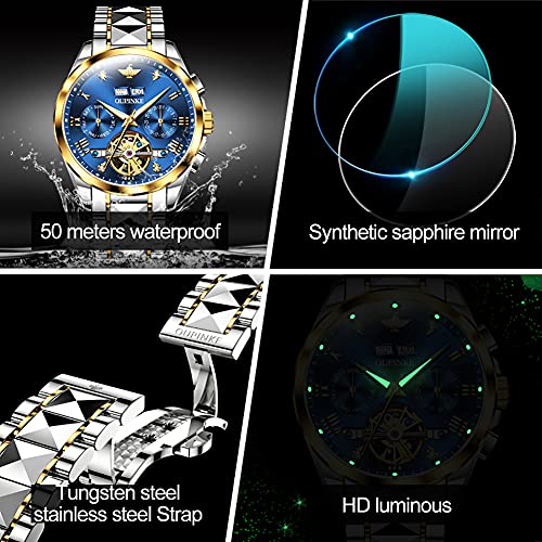 OUPINKE Automatic Mens Watches Blue Skeleton Mechanical Self Winding Tourbillon Luxury Business Dress Wristwatch