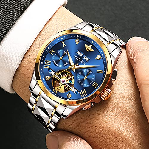 OUPINKE Automatic Mens Watches Blue Skeleton Mechanical Self Winding Tourbillon Luxury Business Dress Wristwatch