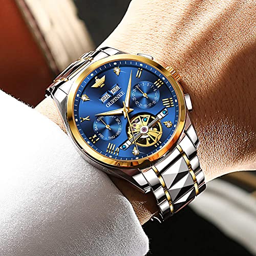 OUPINKE Automatic Mens Watches Blue Skeleton Mechanical Self Winding Tourbillon Luxury Business Dress Wristwatch