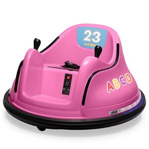 kidzone 12v 2-speeds electric ride on bumper car for kids & toddlers 1.5-5 years old, diy sticker baby bumping toy gifts w/remote control, led lights, bluetooth & 360 degree spin, astm certified