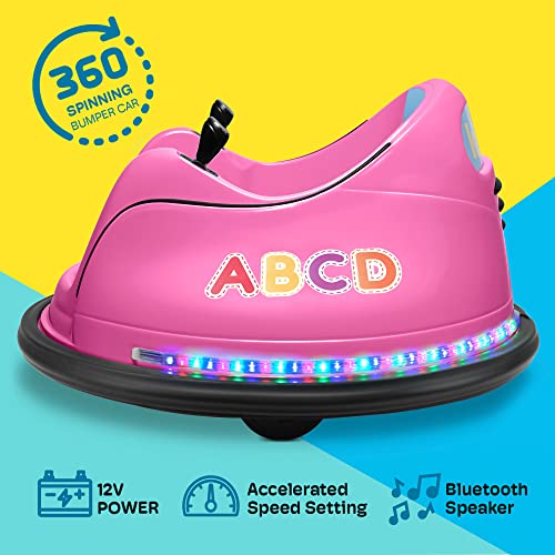 Kidzone 12V 2-Speeds Electric Ride On Bumper Car for Kids & Toddlers 1.5-5 Years Old, DIY Sticker Baby Bumping Toy Gifts W/Remote Control, LED Lights, Bluetooth & 360 Degree Spin, ASTM Certified