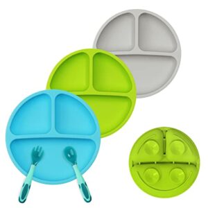 3 pack safe silicone baby suction plates - toddler divided plate set with spoon fork, dishwasher and microwave safe (blue, green & gray)