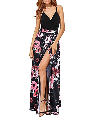 Newshows Womens' Summer V Neck Spaghetti Strap Sleeveless Casual Split Vestidos Beach Long Maxi Dress Trendy(Floral 02,L)