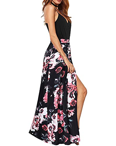 Newshows Womens' Summer V Neck Spaghetti Strap Sleeveless Casual Split Vestidos Beach Long Maxi Dress Trendy(Floral 02,L)