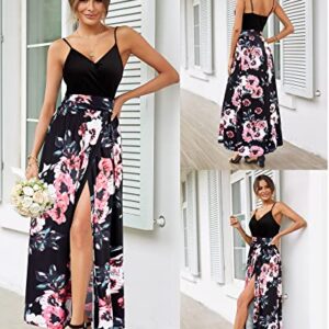 Newshows Womens' Summer V Neck Spaghetti Strap Sleeveless Casual Split Vestidos Beach Long Maxi Dress Trendy(Floral 02,L)