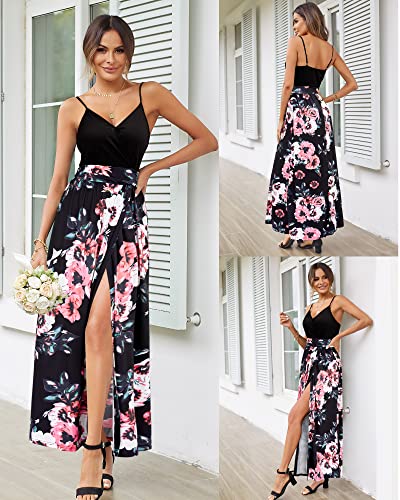 Newshows Womens' Summer V Neck Spaghetti Strap Sleeveless Casual Split Vestidos Beach Long Maxi Dress Trendy(Floral 02,L)