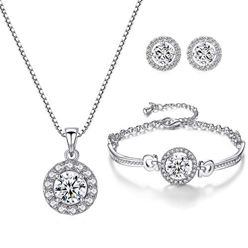 YooAi Jewellery Set Round Pendant Necklace Earrings and Bracelet Set Cubic Zirconia Jewellery for Women Round Silver